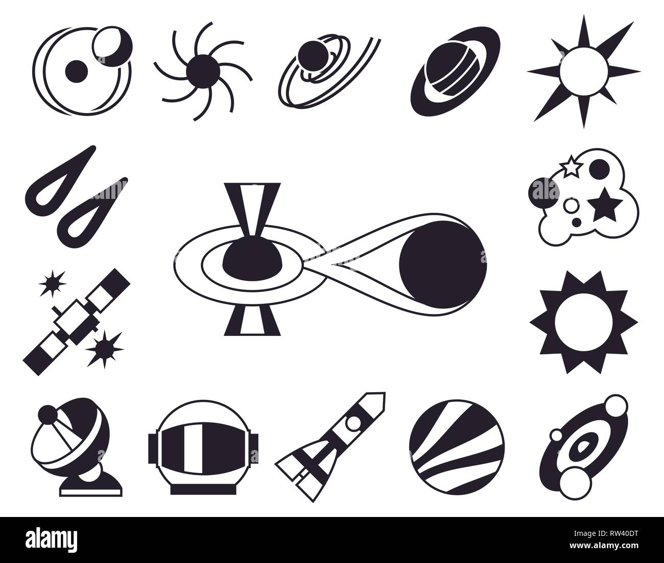 Digital vector black holes and cosmos universe simple icons, flat style ...