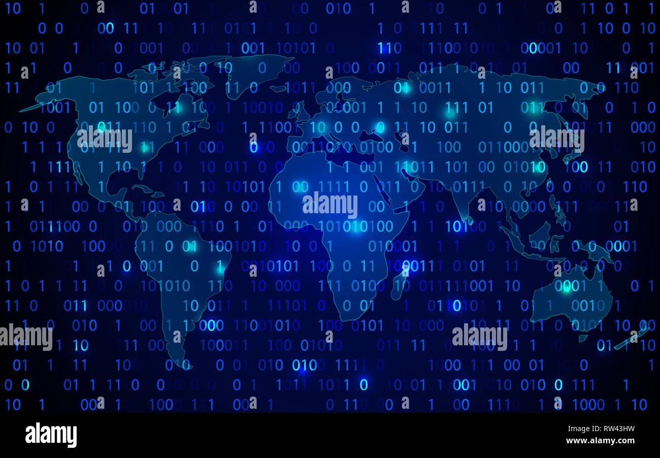 World Map Technology With Decryption And Encryption Binary Number Code Vector Background Blue