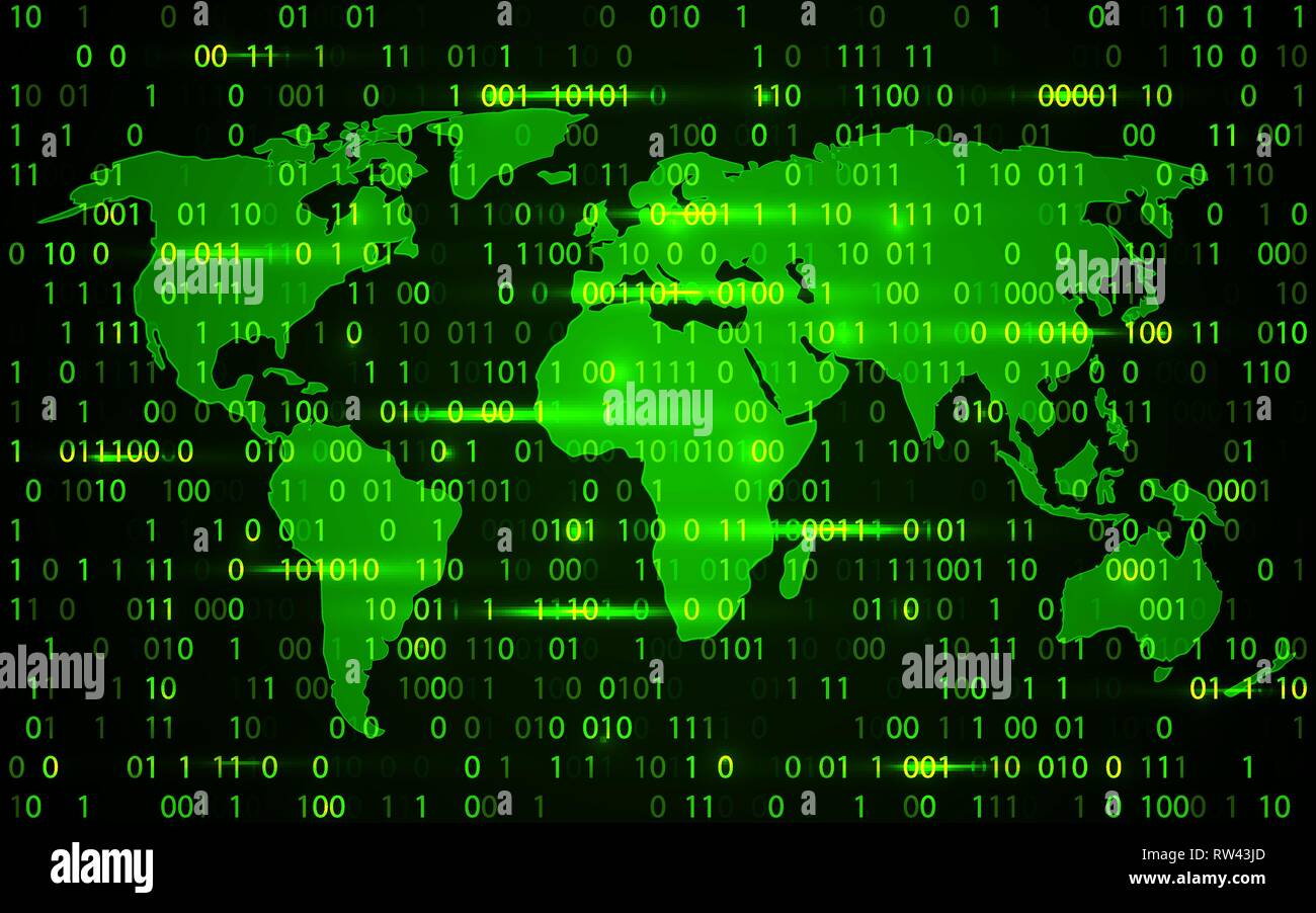 World Map Technology With Decryption And Encryption Binary Number Code Vector Background Blue