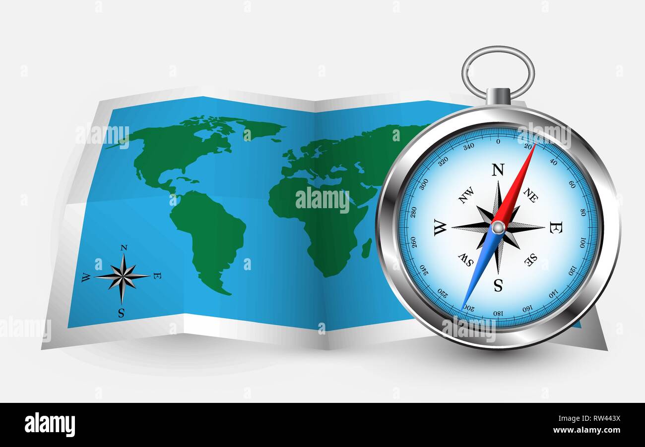 Compas and Blue folded world map. Vector illustration Stock Vector ...