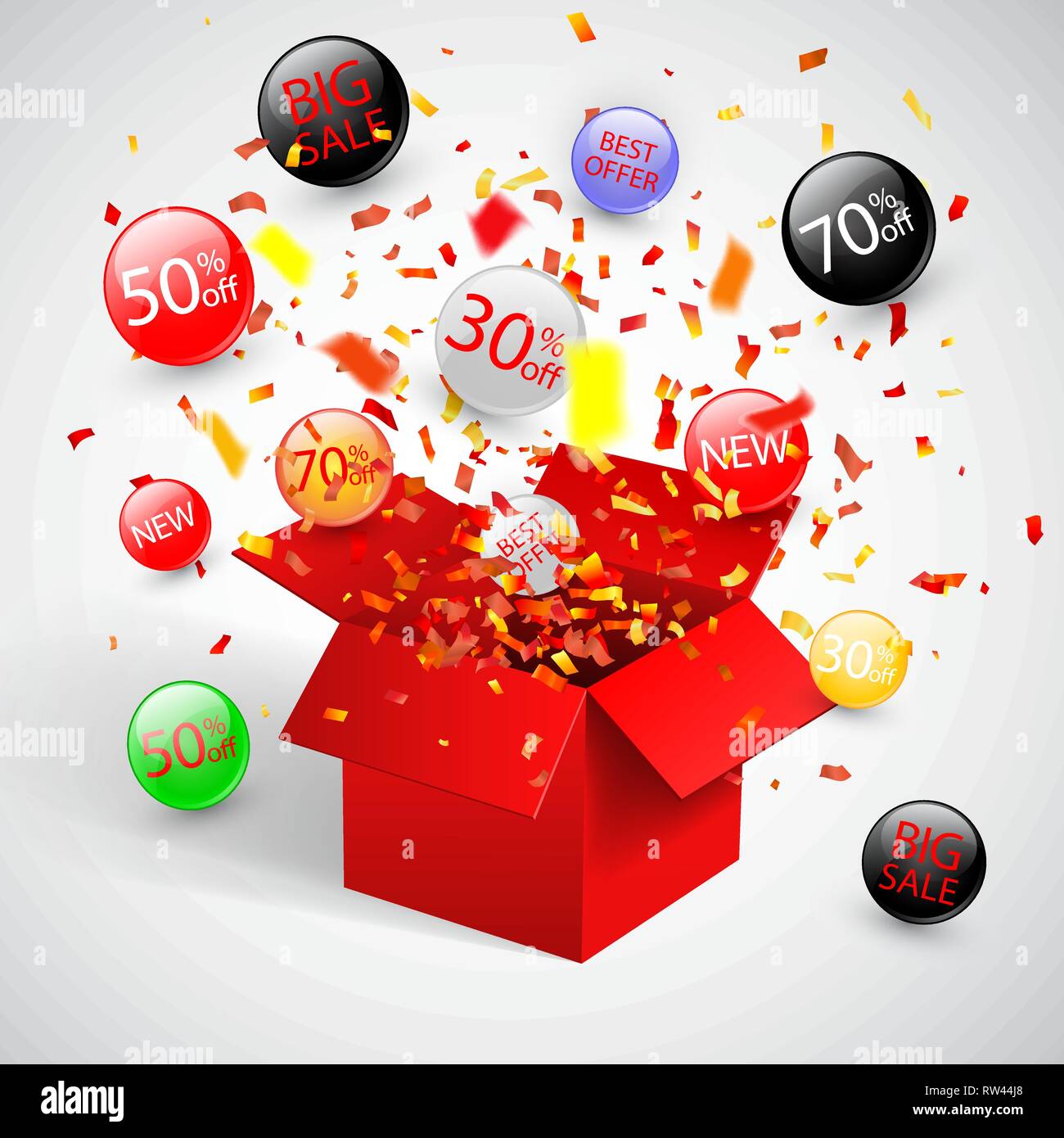 Special offer sale discount symbol with open red gift and flow labels ...