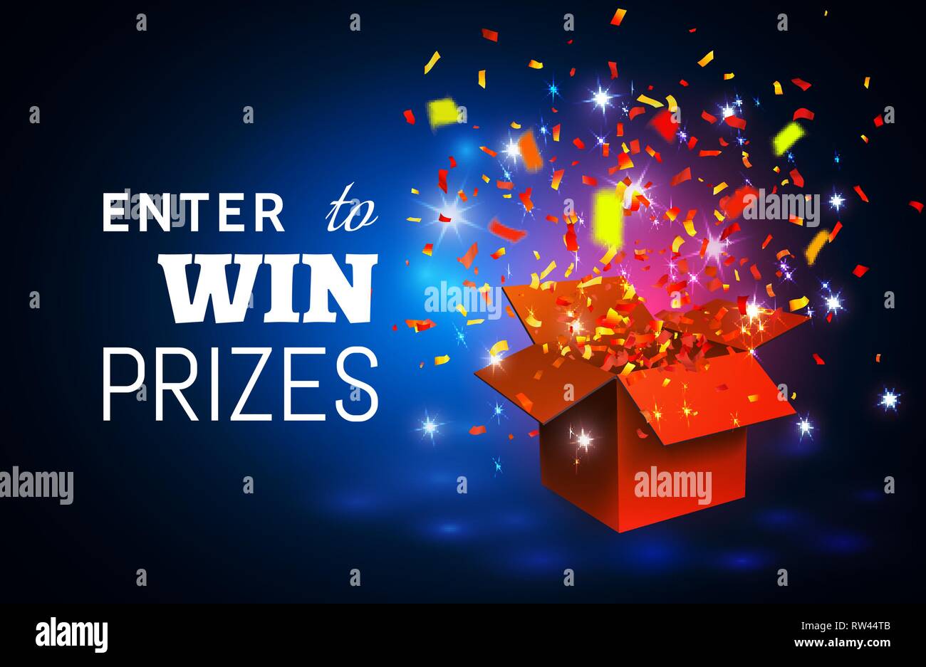Open Red Gift Box and Confetti on blue background. Enter to Win Prizes ...