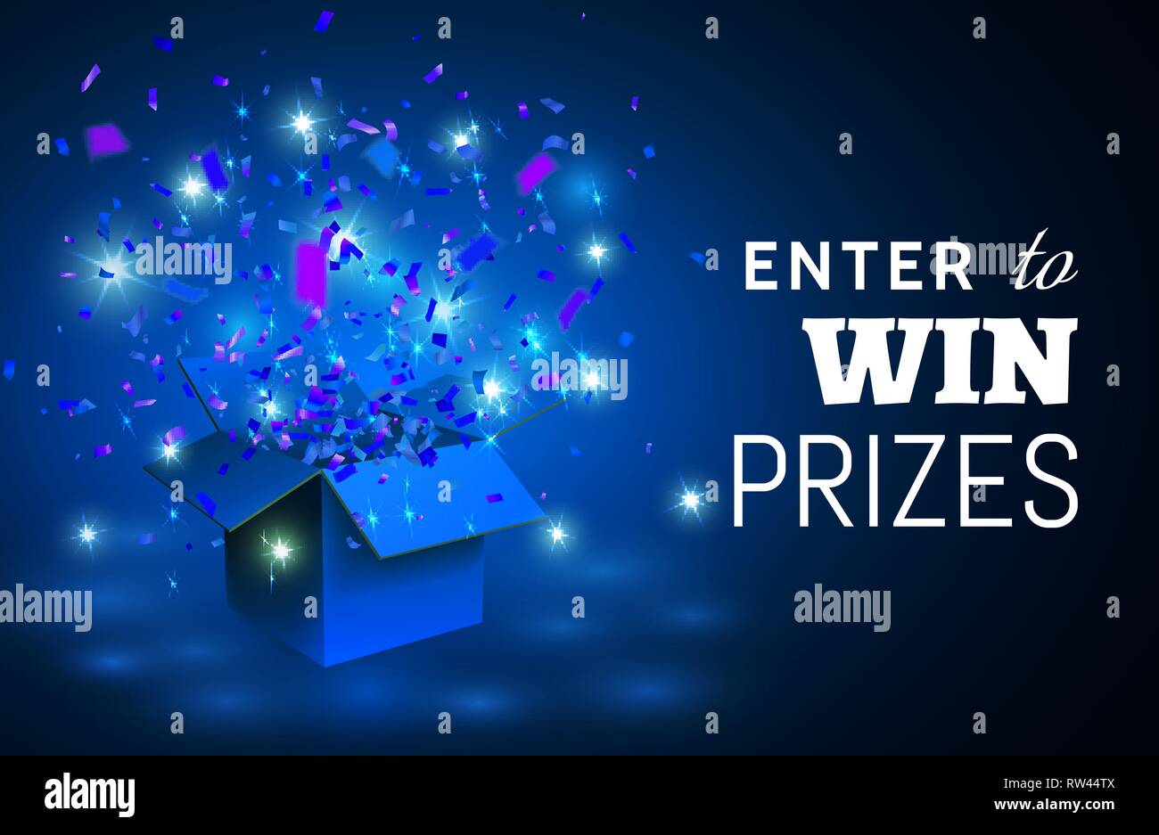 Open blue Gift Box and Confetti on blue background. Enter to Win Prizes ...