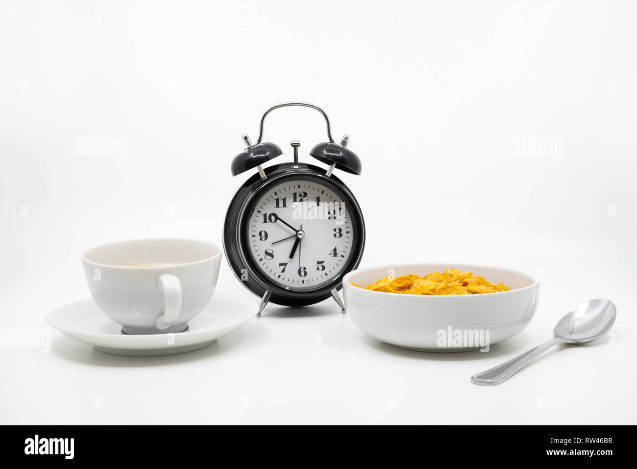 Time for breakfast concept with clock, cereal and coffee Stock Photo ...