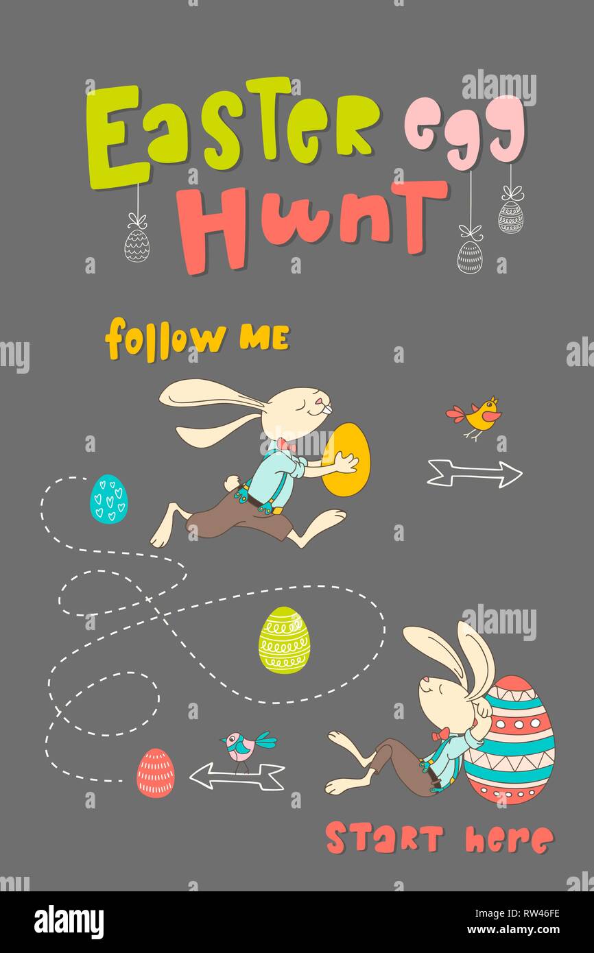 Hand drawn bunny, eggs, birds and lettering phrase Easter Egg Hunt ...
