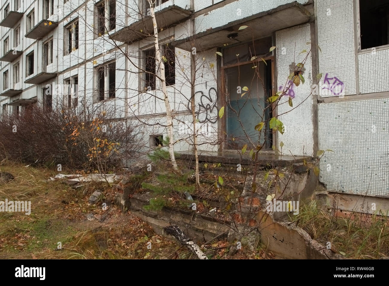 Abandoned apartment block at former Soviet military base, detail of ...