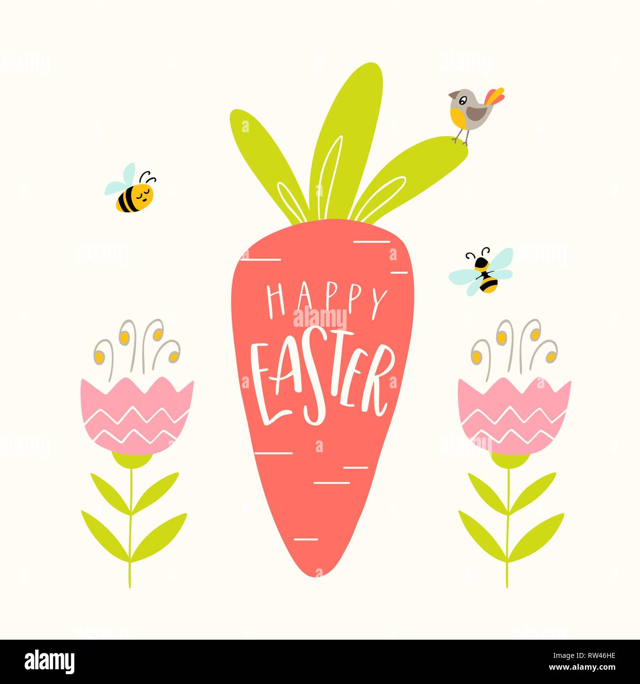 Happy Easter greeting card. Hand drawn bird sit on a carrot, bees fly ...