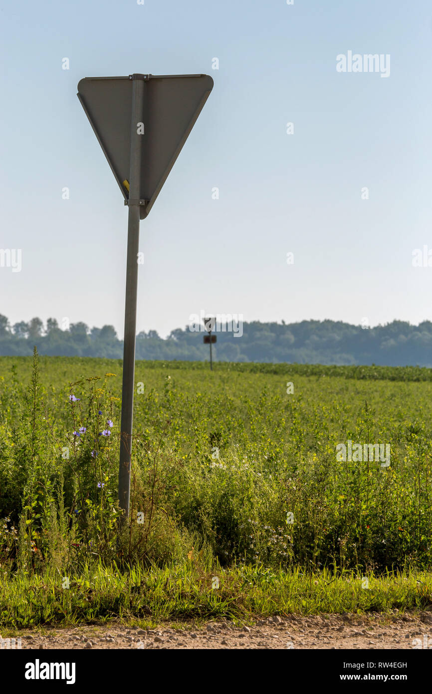 Road sign in countryside. Summer landscape with rural road, wood and ...