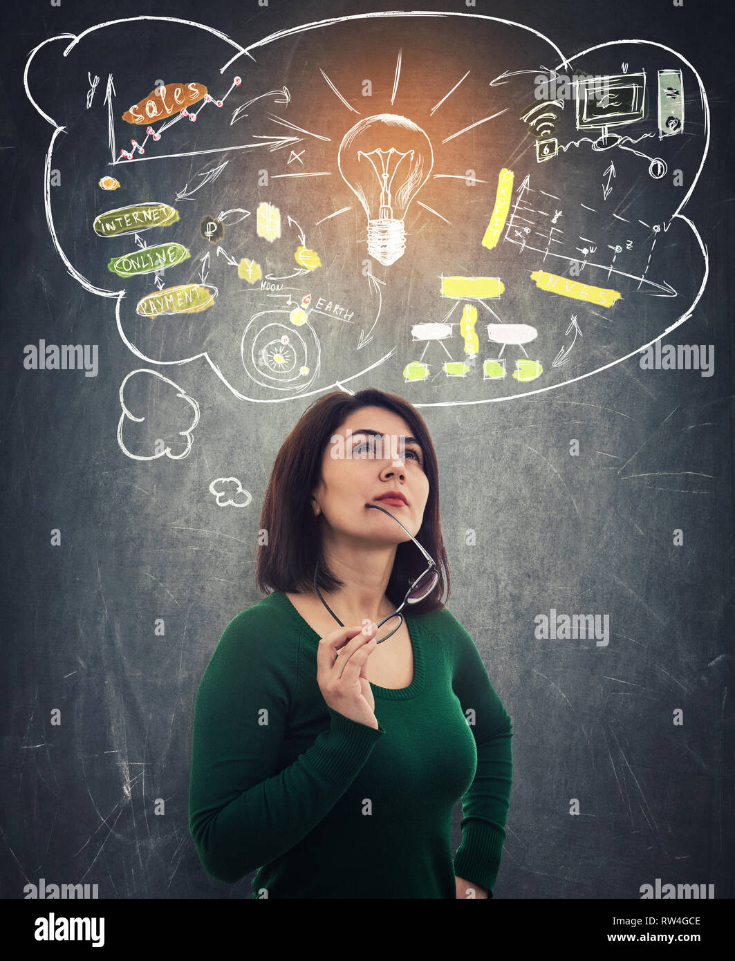 Smart woman meditate looking up thinking of new ideas in front of ...