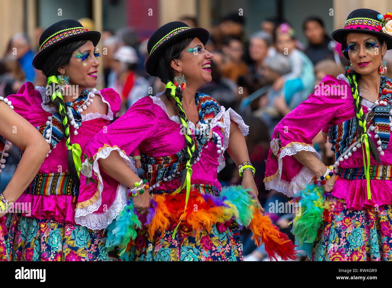 Traditional carnival in a Spanish town Palamos in Catalonia. Many ...