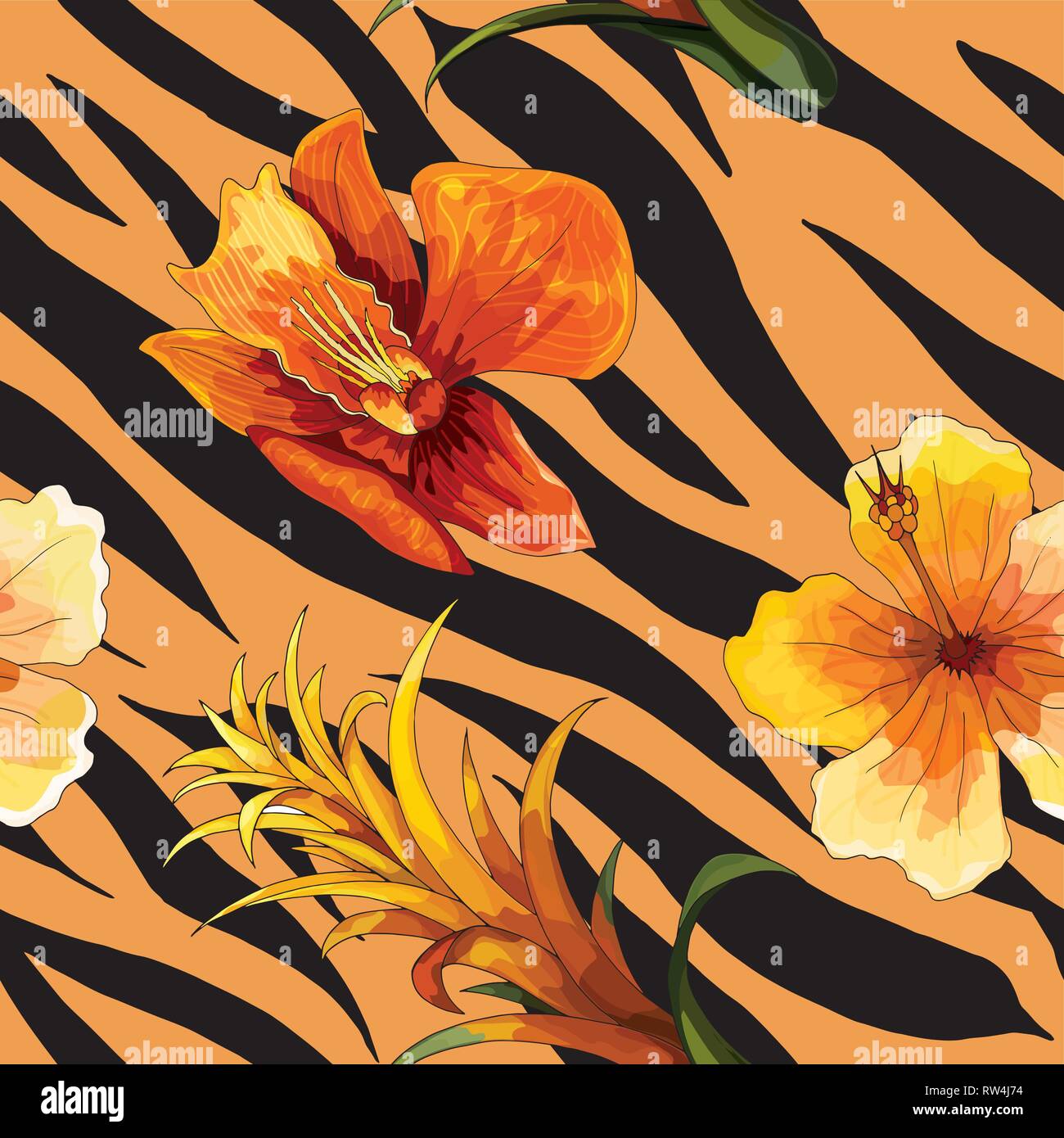 Beautiful blooming flower on animal skin. Tiger seamless pattern vector ...