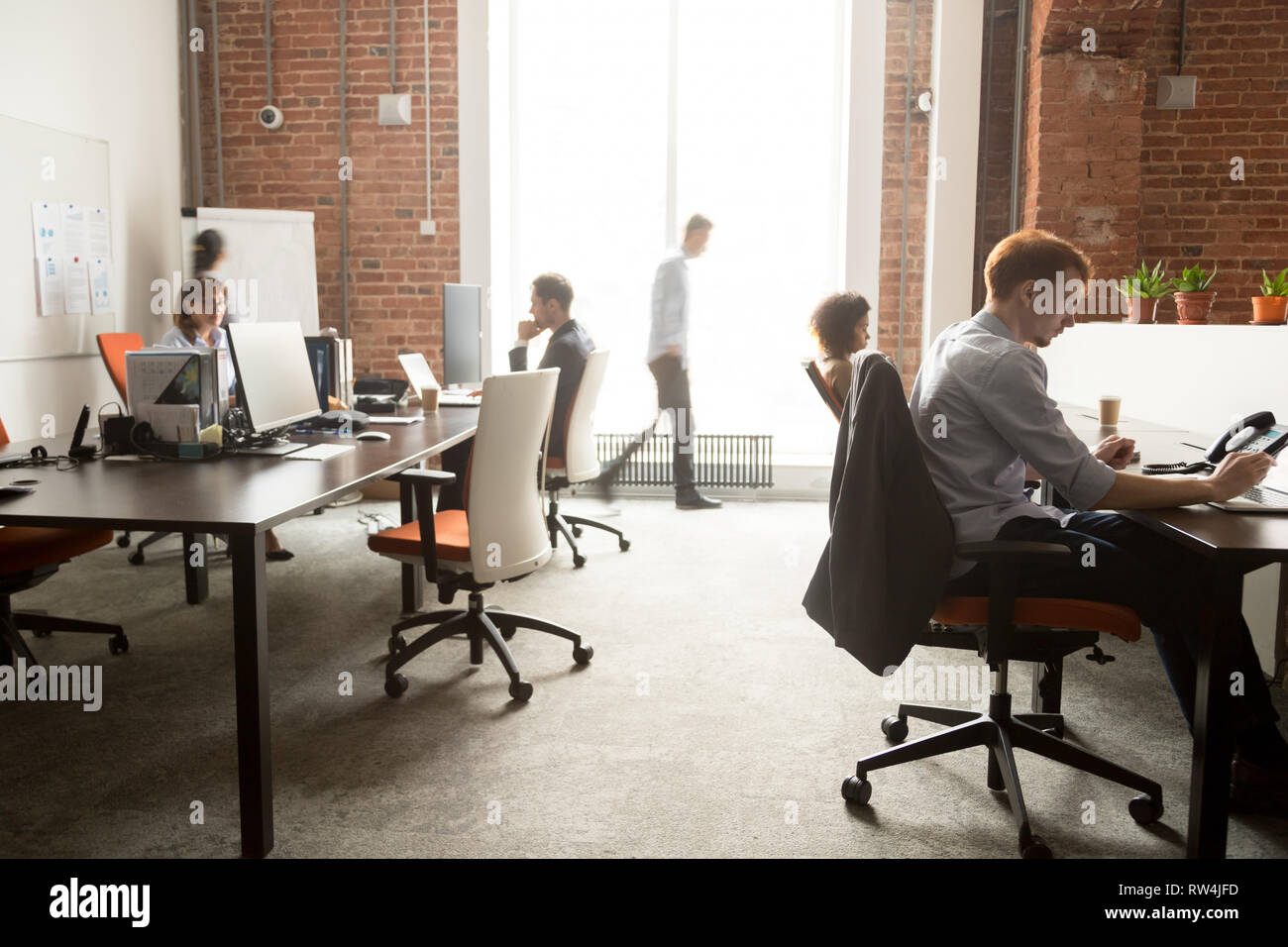 Busy staff employees group working on computers in office rush Stock ...
