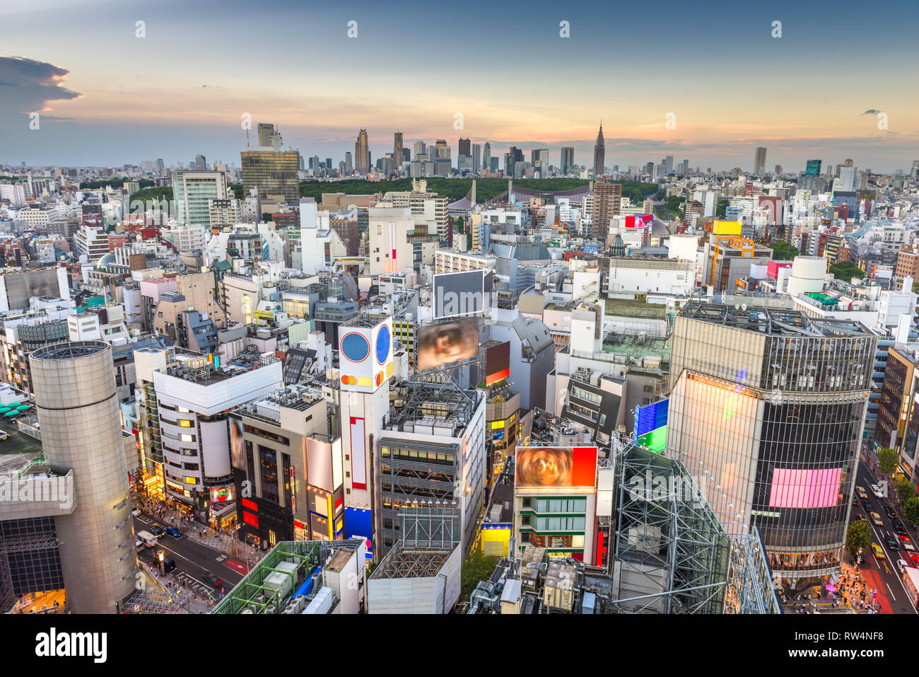 Tokyo, Japan city skyline over Shibuya Ward with the Shinjuku Ward skyline in the distance Stock ...