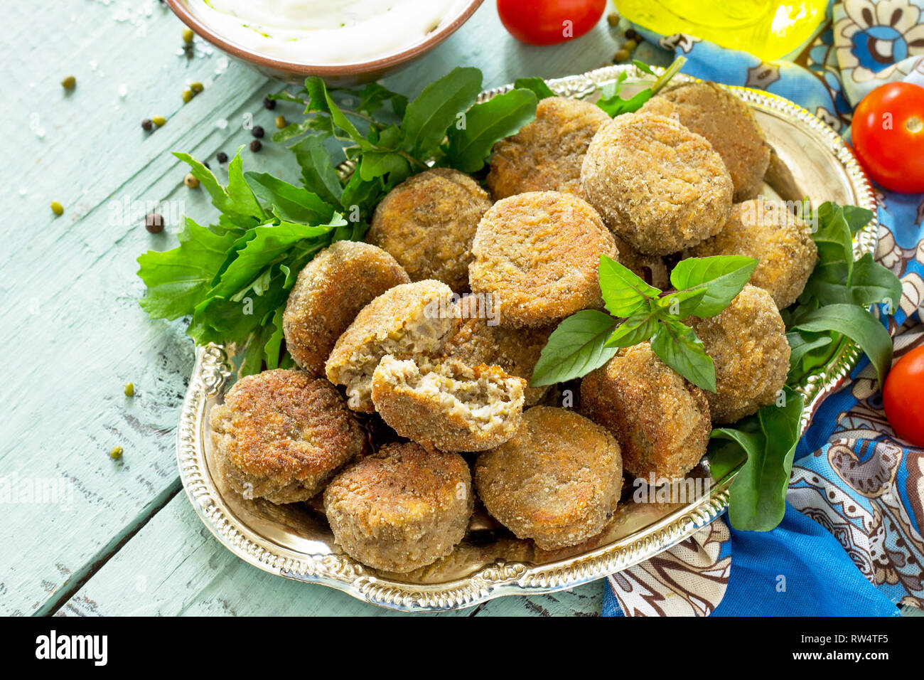 Middle eastern or arabic dishes. Fresh vegetarian falafel. Mung falafel ...