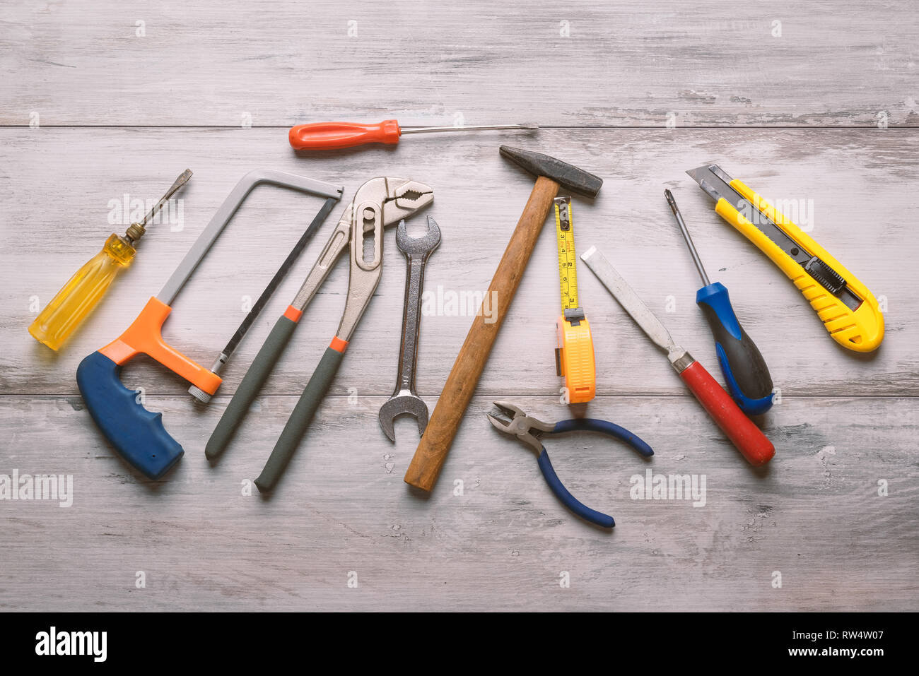 Screwdriver,hammer,tape measure and other tool for construction tools ...