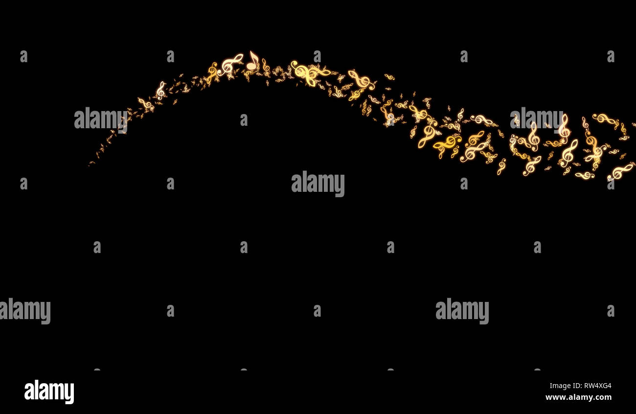 golden swirl of music notes and glitter on black background Stock Photo ...