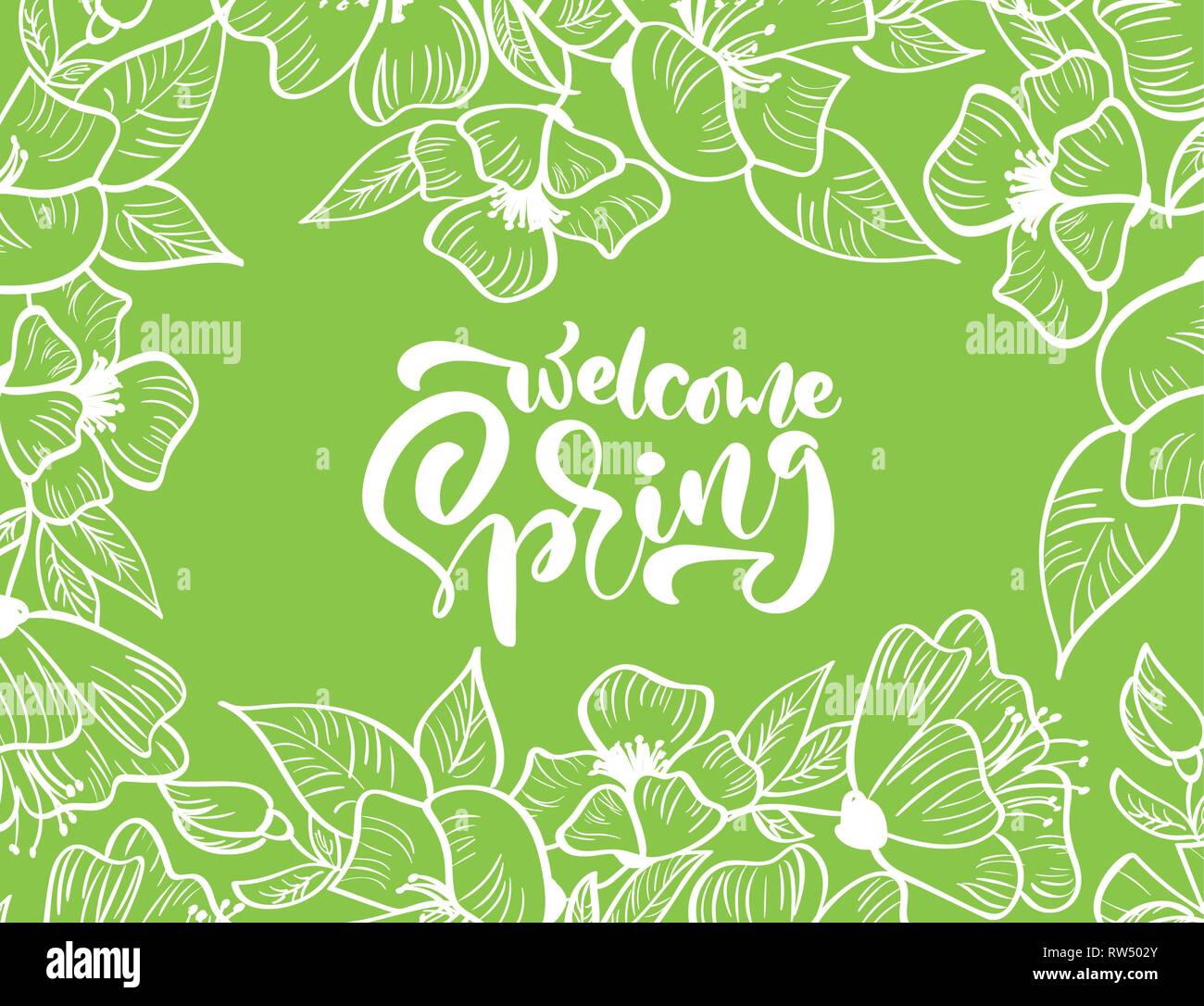 Green vector floral frame for greeting card with text Welcome Spring ...