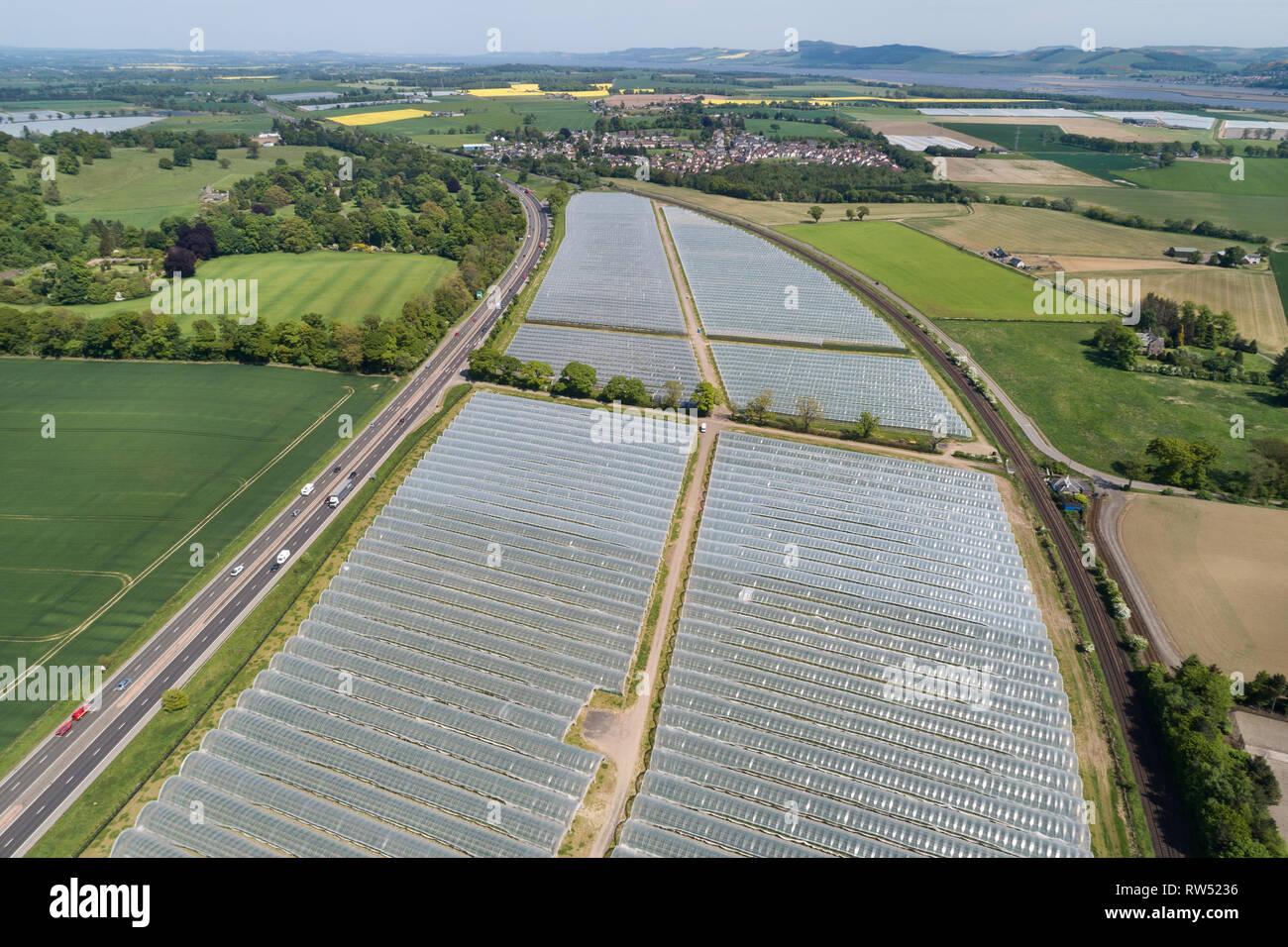 Aerial image showing poly tunnels used for growing soft fruit near ...