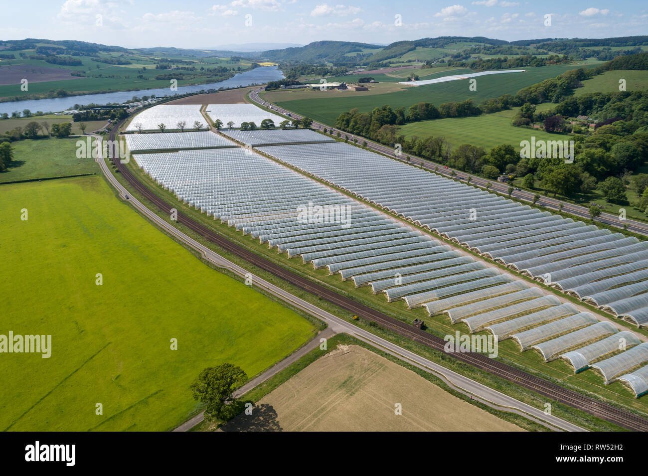 Aerial view of poly tunnels next to the River Tay near Perth ...