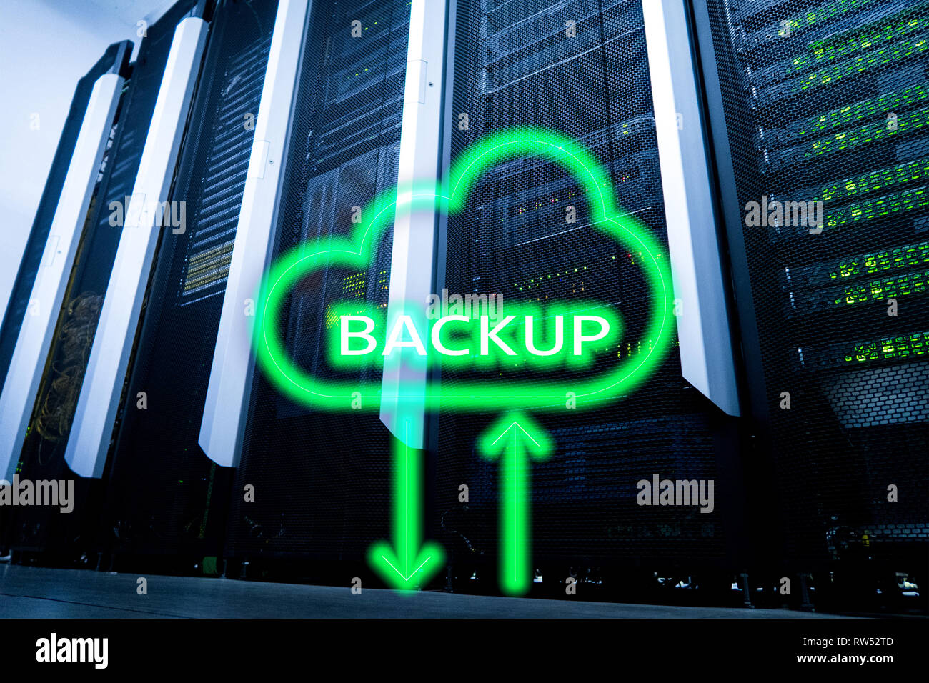 Backup System Recovery Technology Concept on modern server room ...