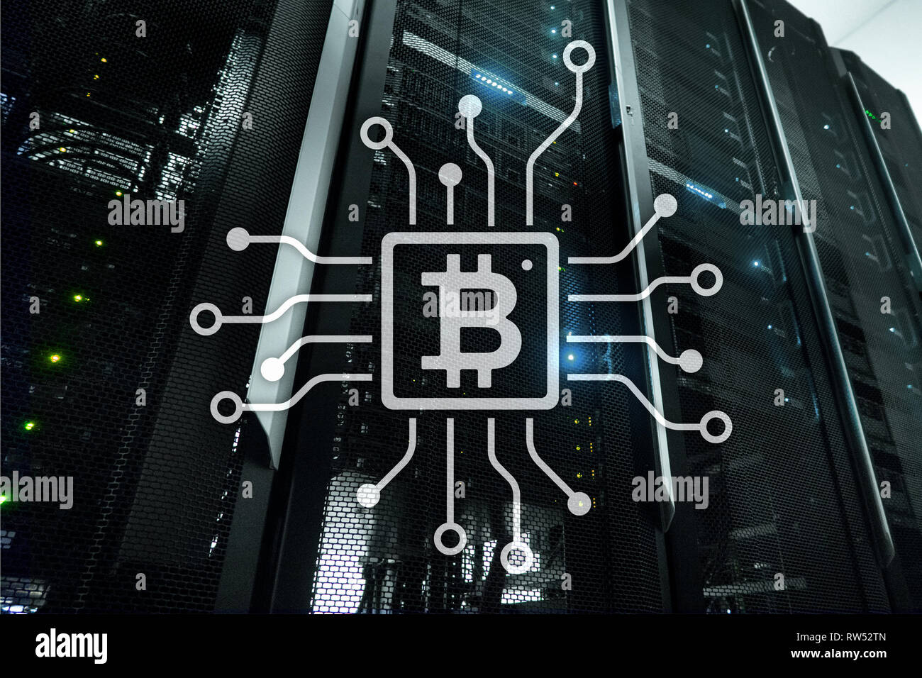 Bitcoin, Blockchain concept on server room background Stock Photo - Alamy