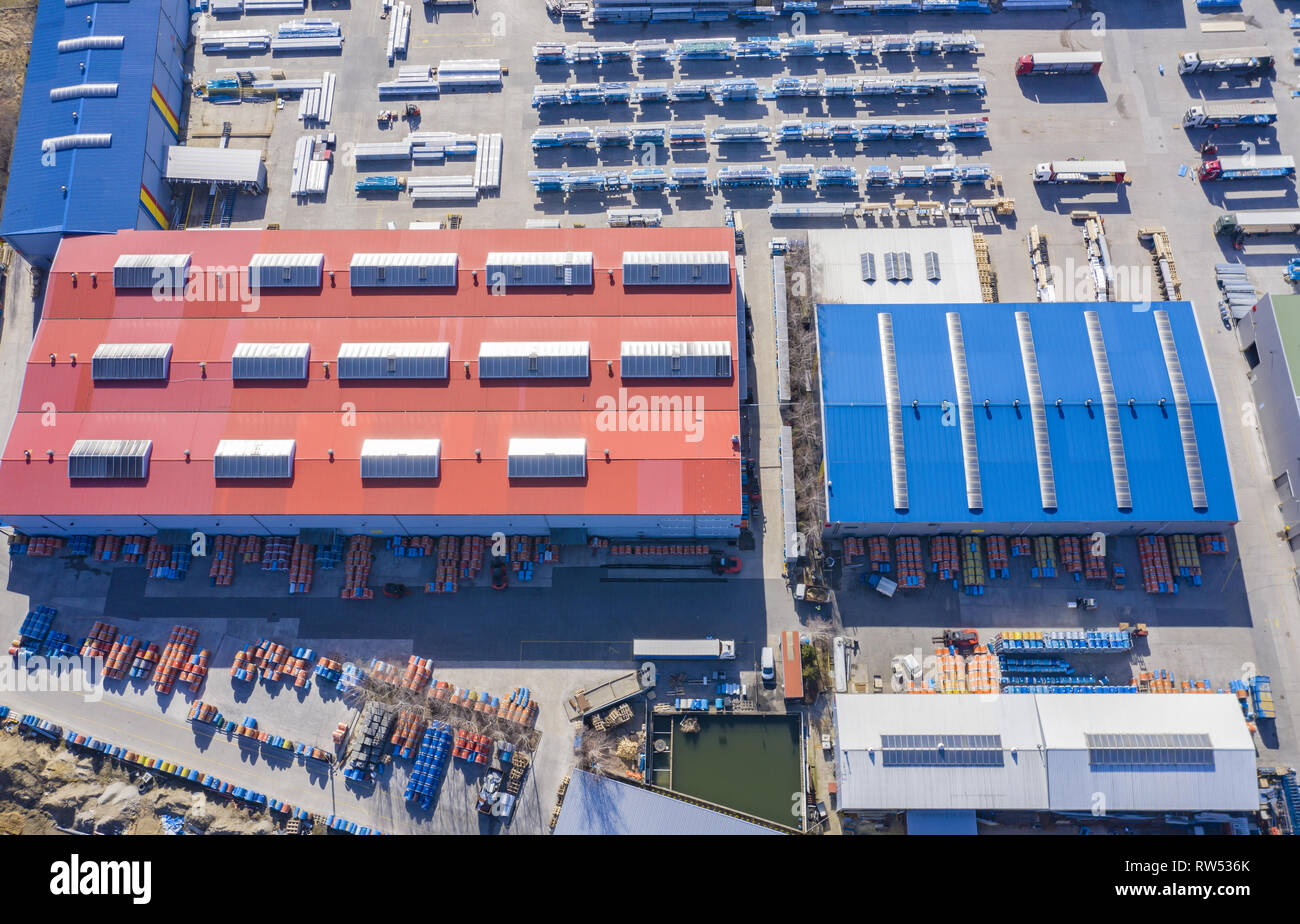 Aerial view of warehouse storages or industrial factory or logistics ...