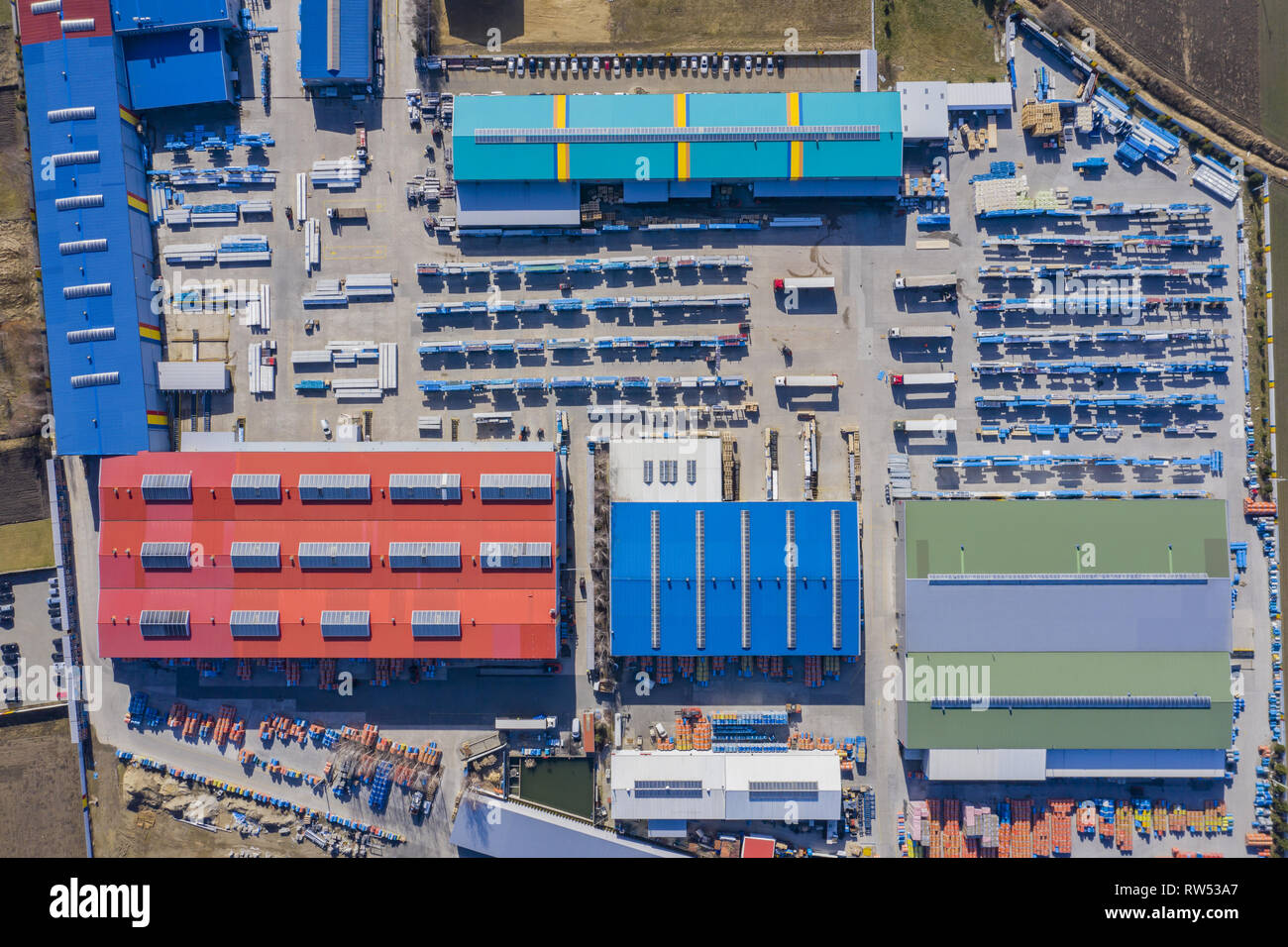 Aerial view of warehouse storages or industrial factory or logistics ...