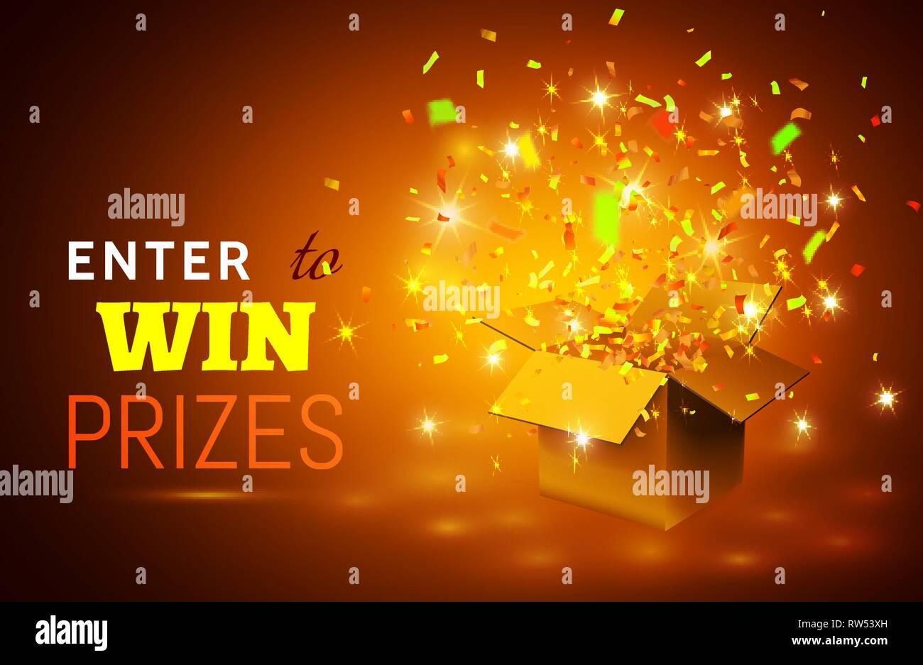 Open T Box And Confetti On Yellow Background Enter To Win Prizes Vector Illustration Stock