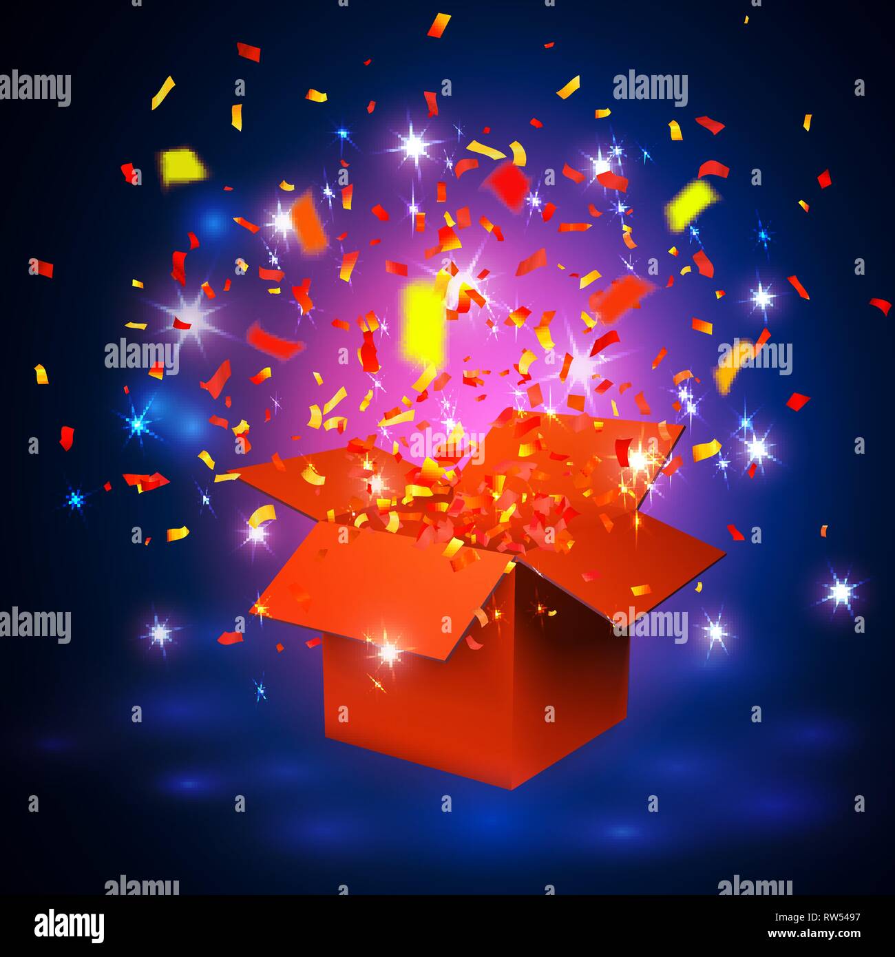 Open orange Gift Box and Confetti. Vector Illustration Stock Vector ...
