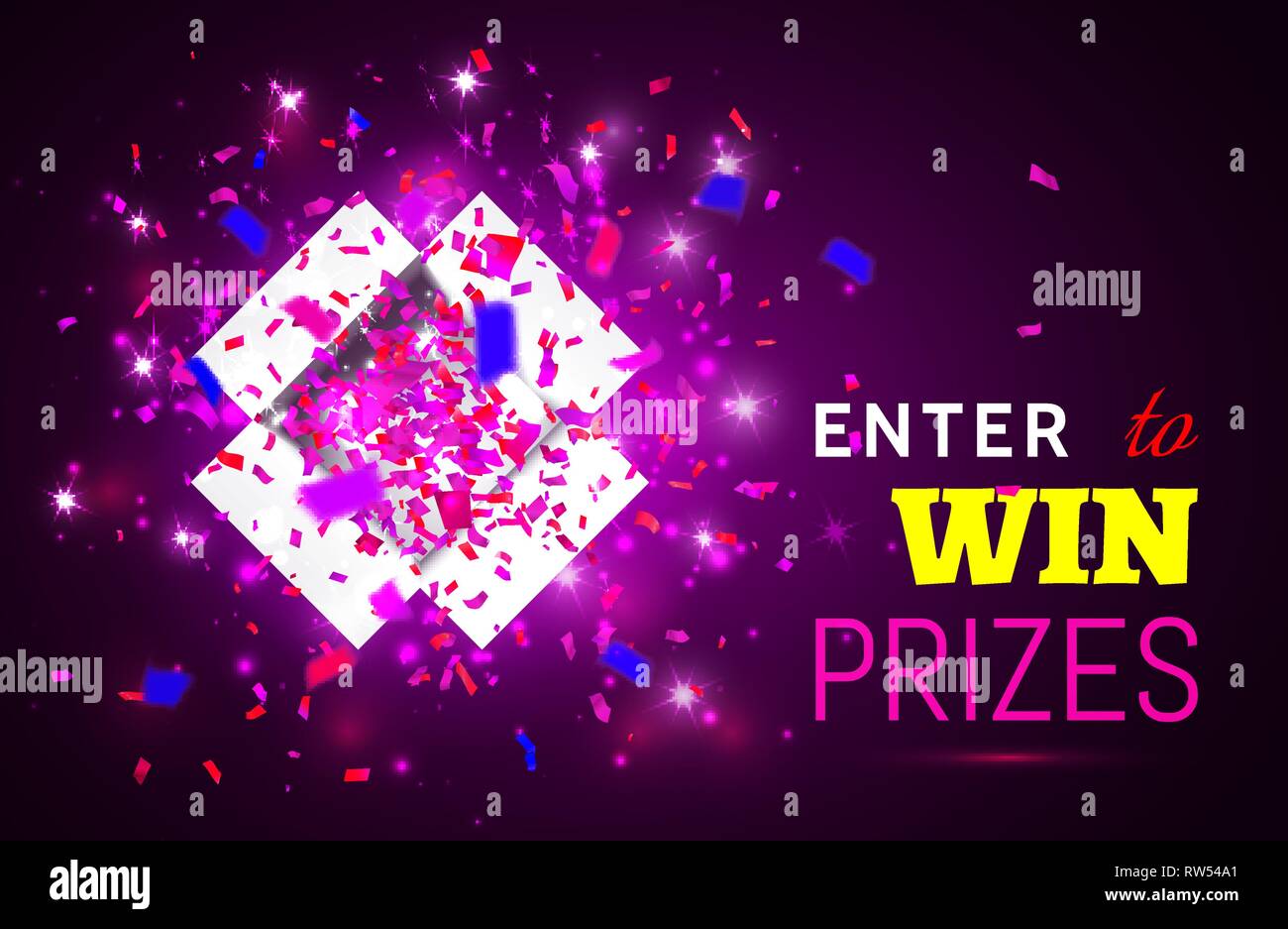 Open Gift Box and Confetti on pink background. Enter to Win Prizes ...