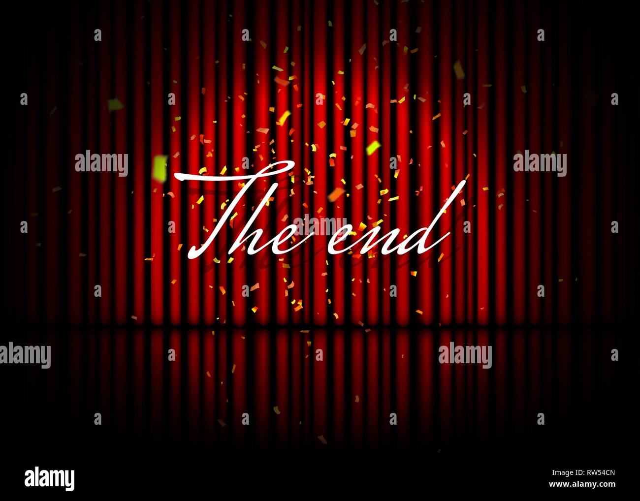 The end. Theatrical scene with red curtains, reflection and confetti ...