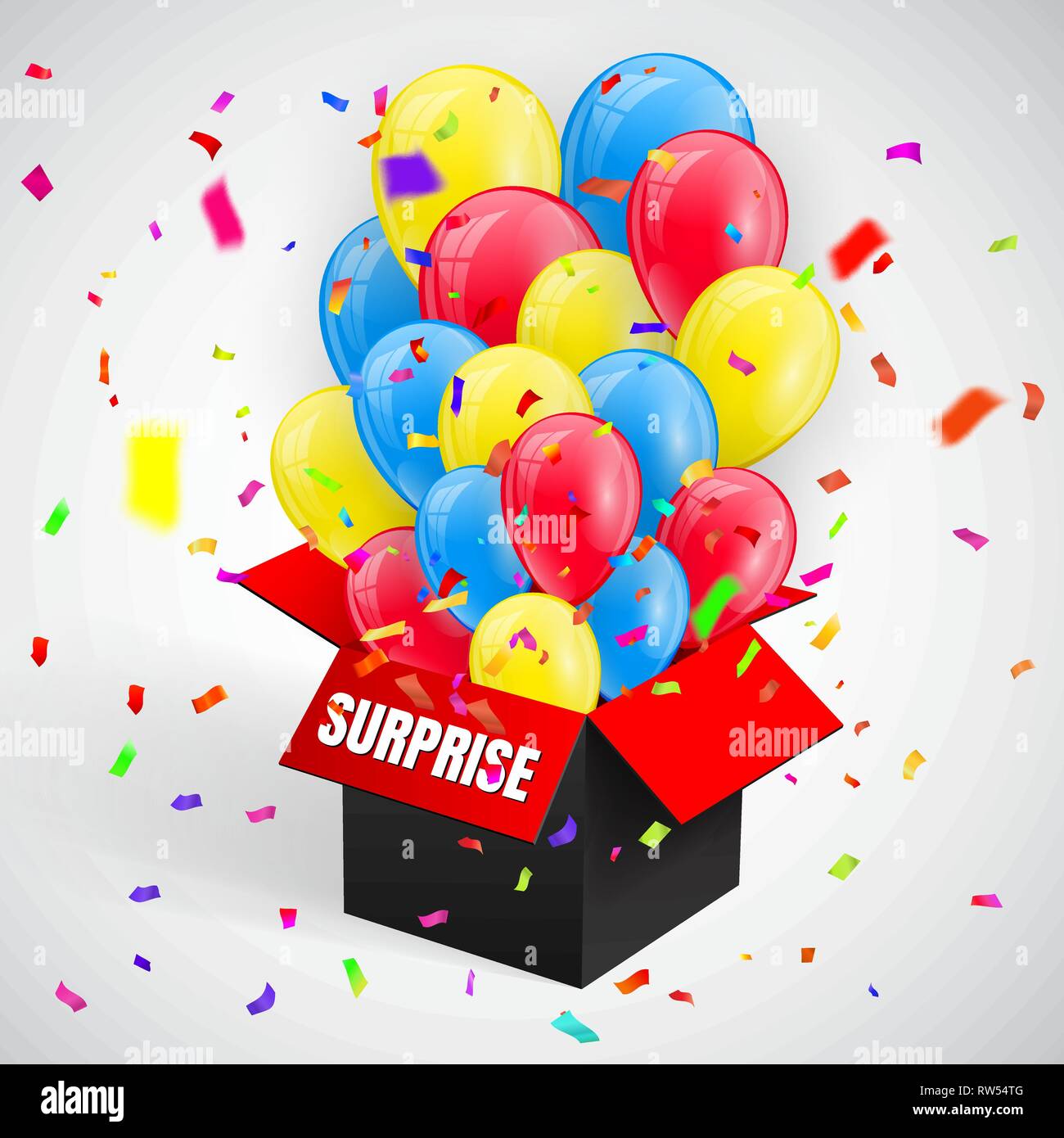 Surprise Poster with confetti and Balloons Bunch flying from open red ...
