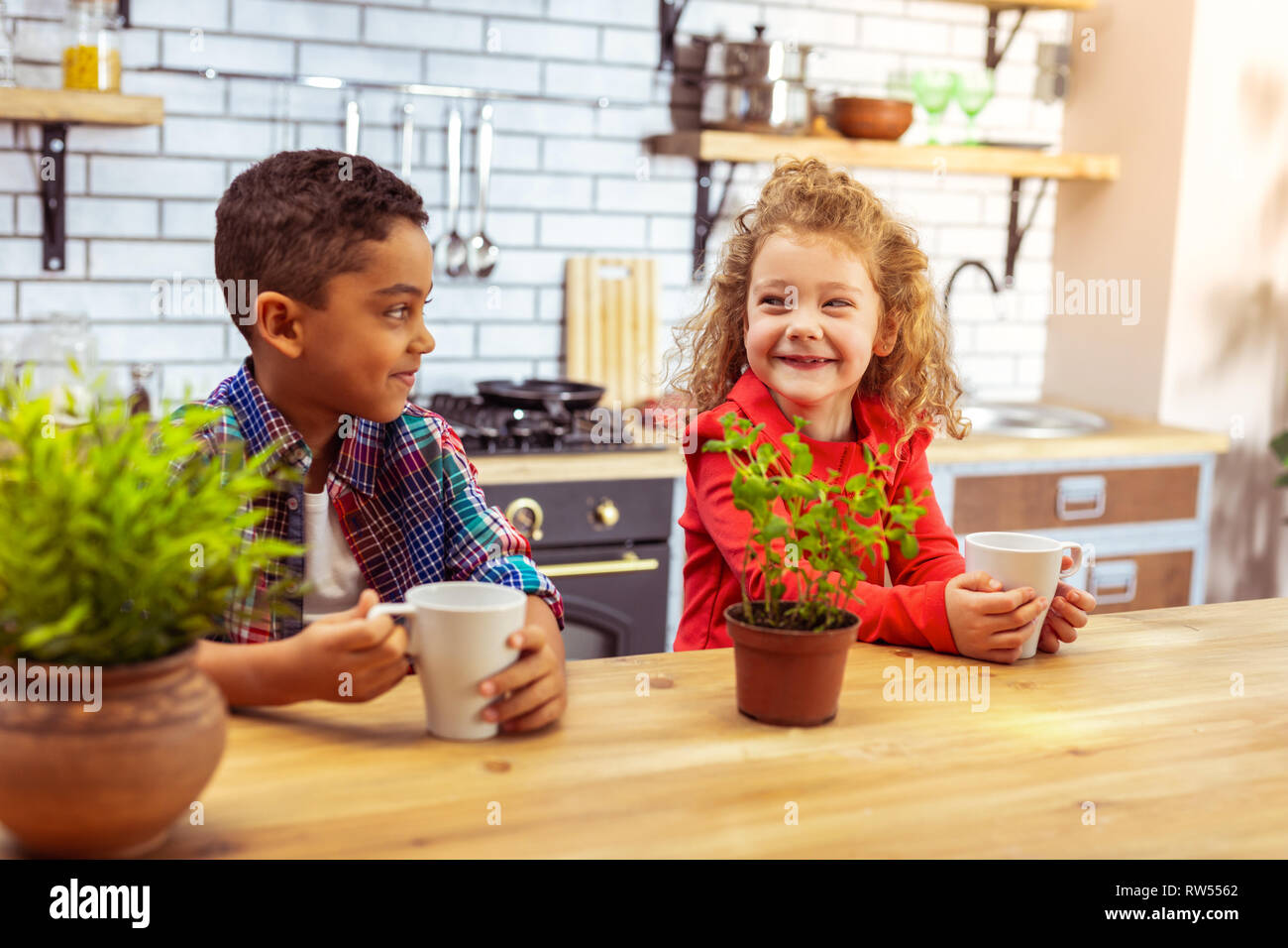 Positive delighted kids looking at each other Stock Photo - Alamy