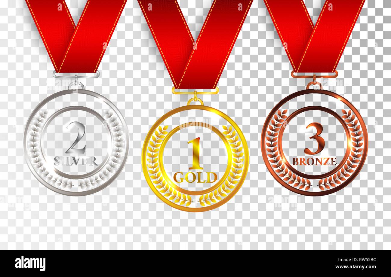 Set of gold, silver and bronze award medals with red ribbons. Medal ...