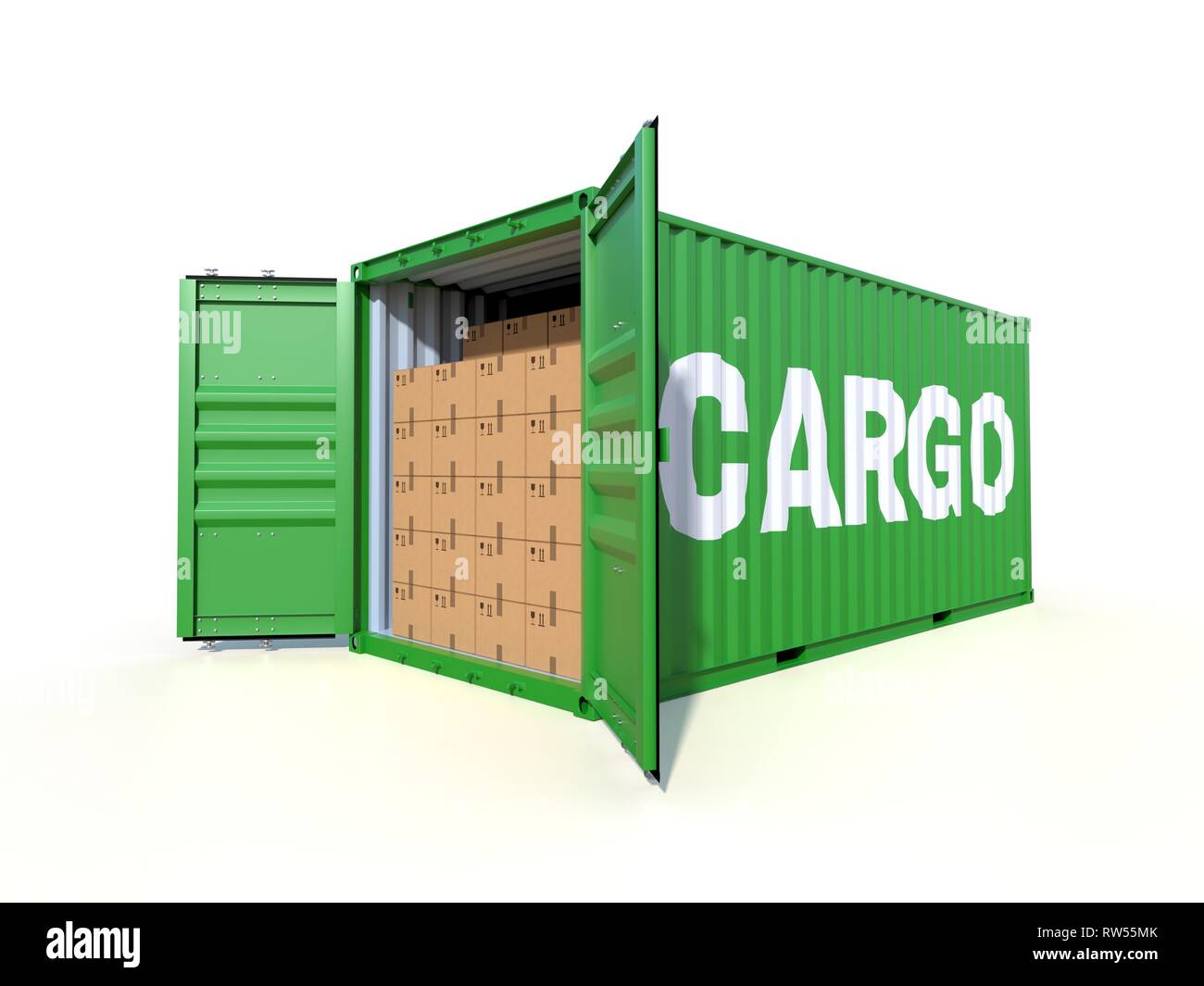 Ship cargo container side view, open doors, full with cardboard boxes ...