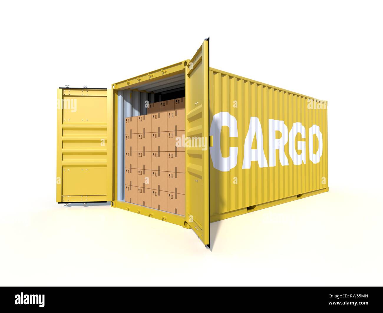 Ship cargo container side view, open doors, full with cardboard boxes ...
