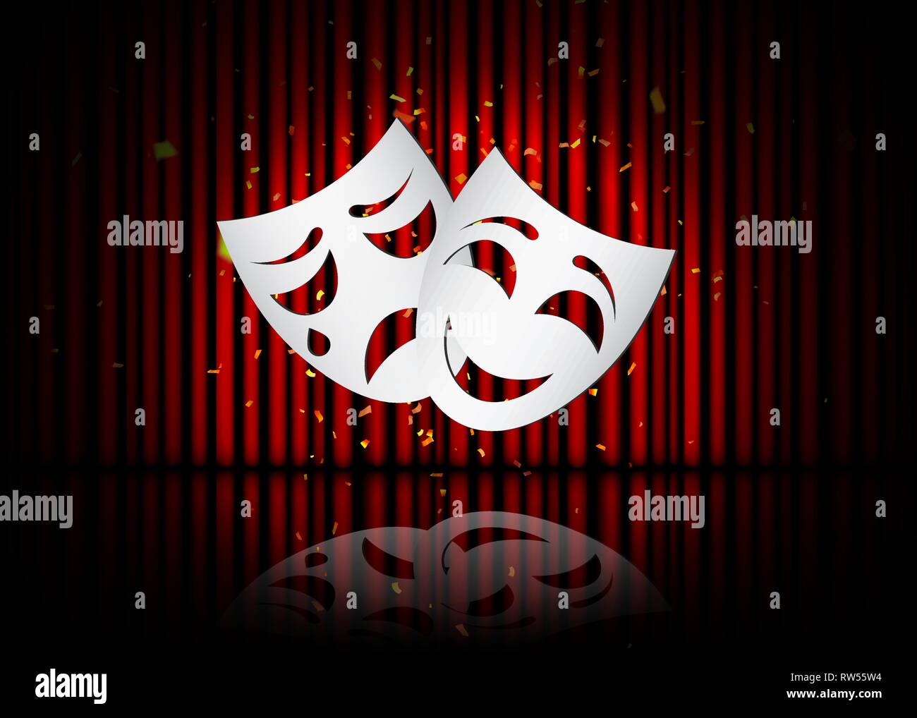 Happy and sad theater masks, Theatrical scene with red curtains and ...