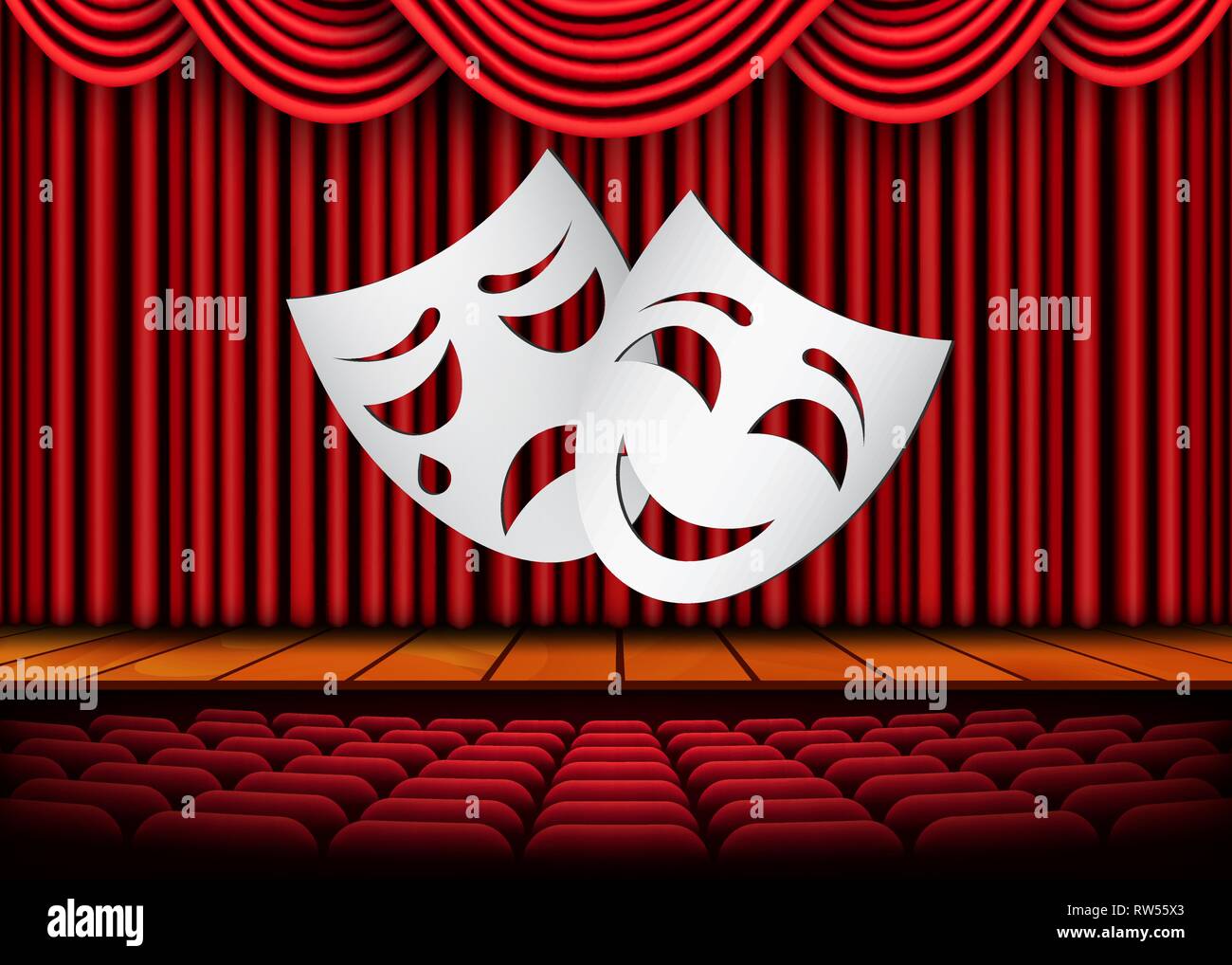 Happy and sad theater masks, Theatrical scene with red curtains. Stock ...