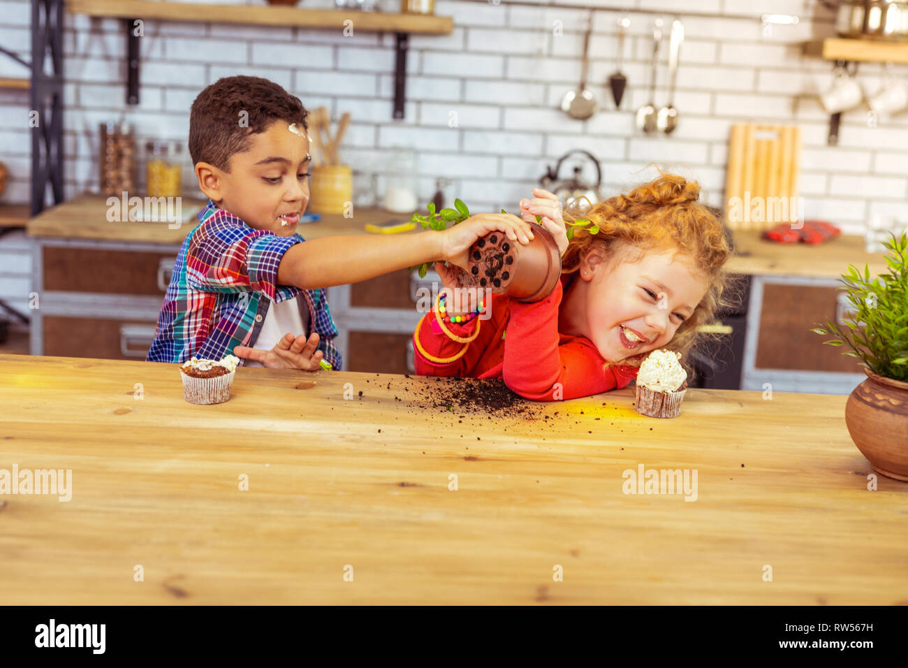 Active children throwing plants at each other Stock Photo - Alamy