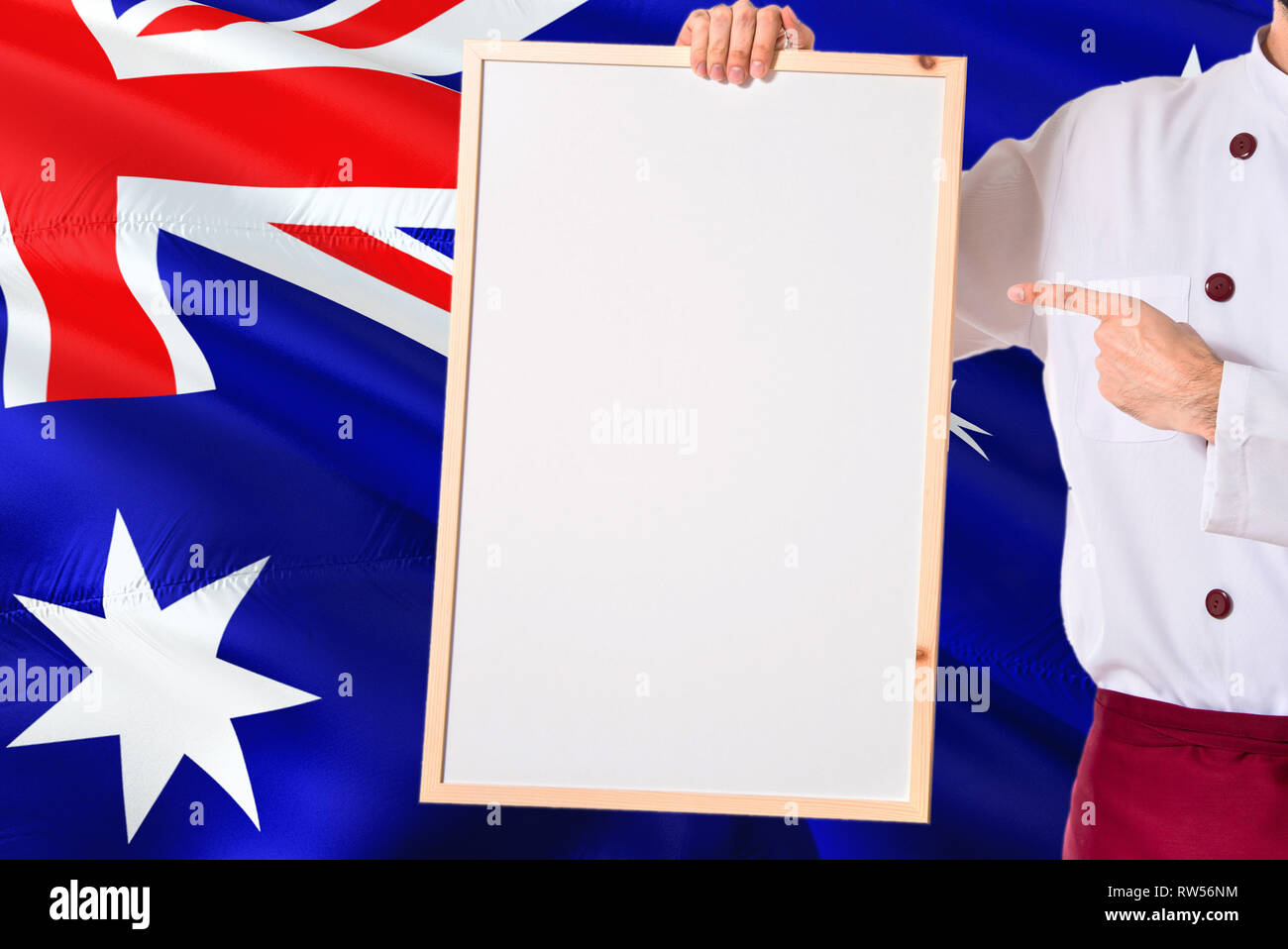 Australian Chef holding blank whiteboard menu on Australia flag ...