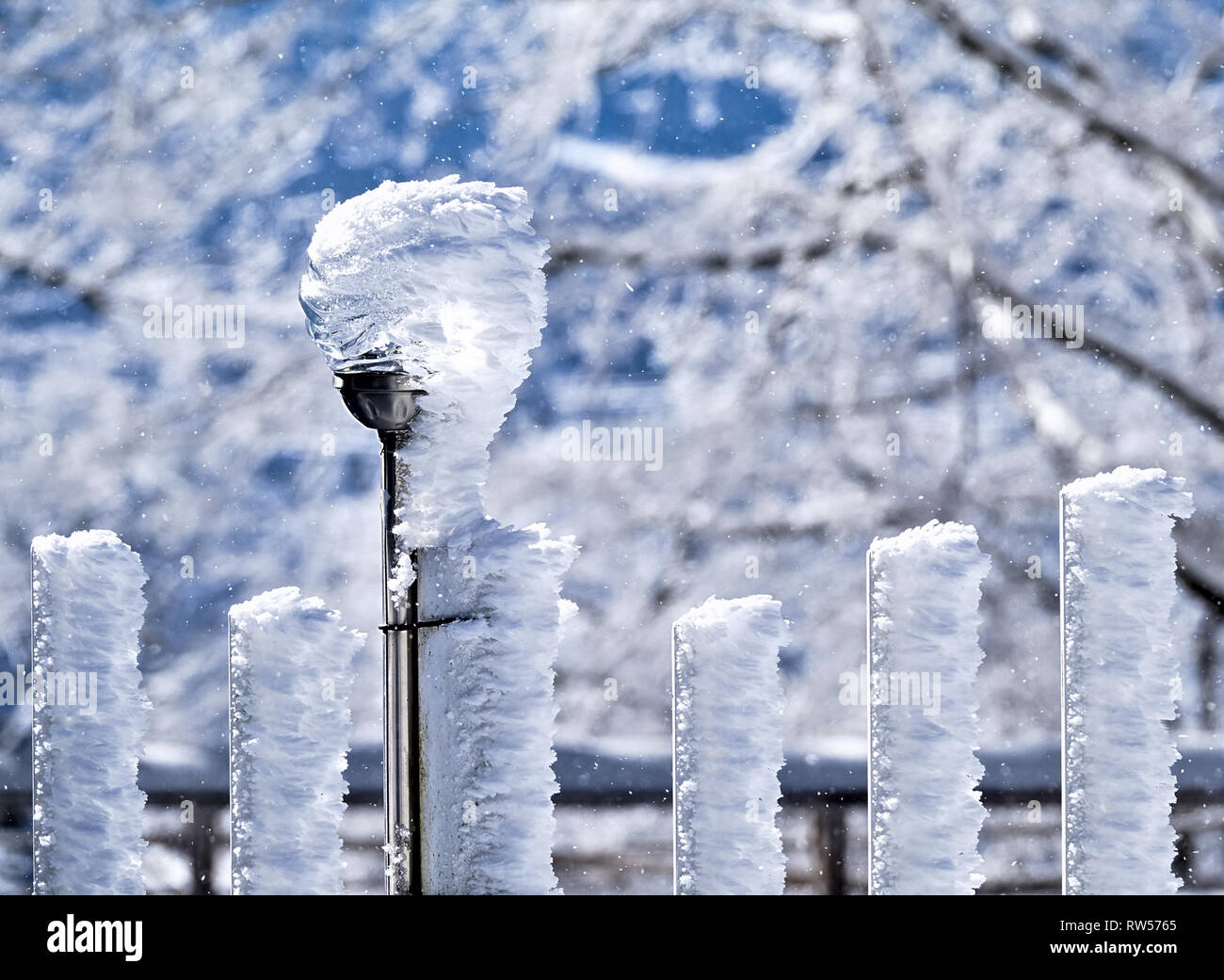 Wind-blown frost on fence lamp and poles Stock Photo - Alamy