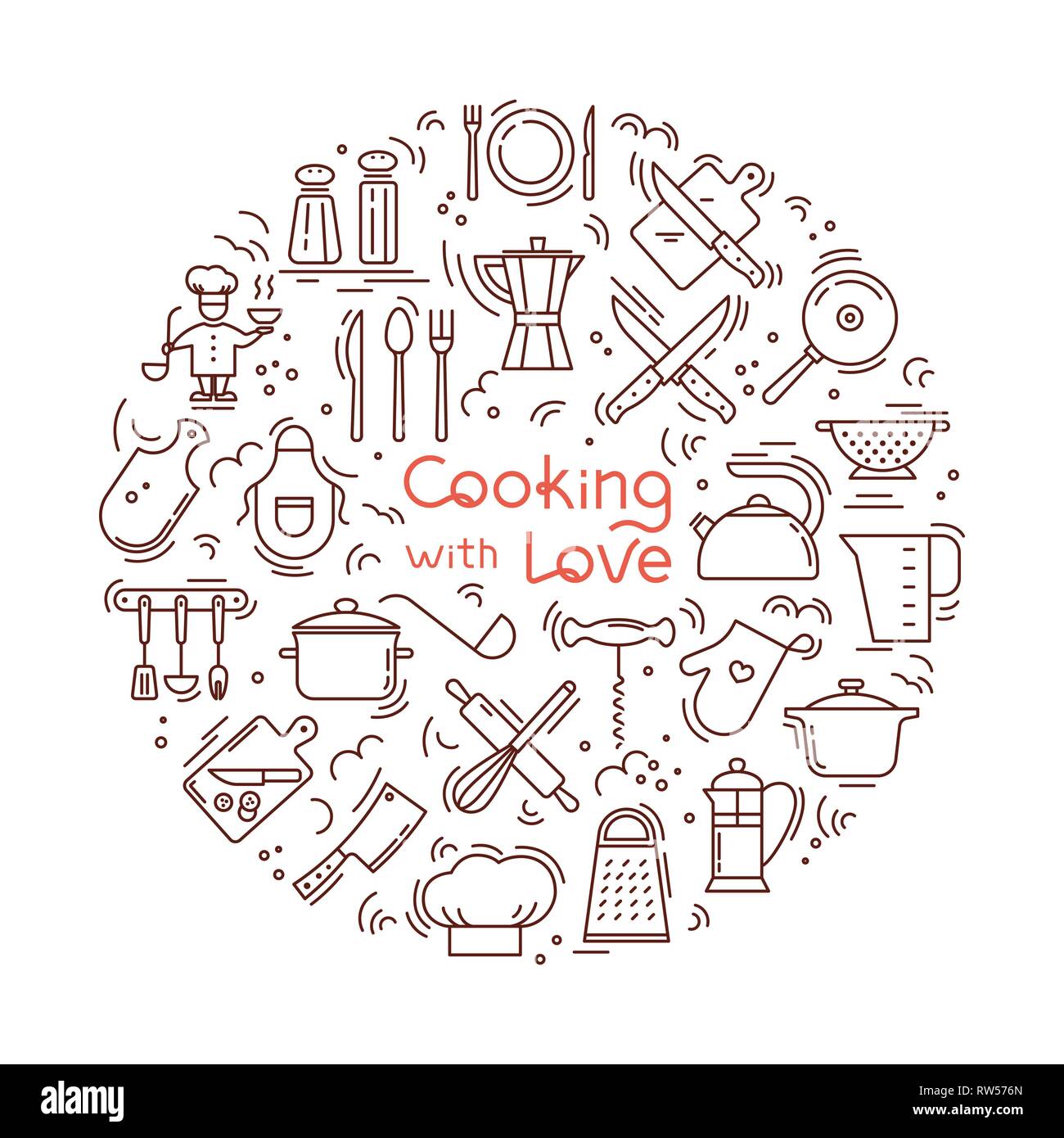 Cooking with love circular Background from icons on the theme of the ...
