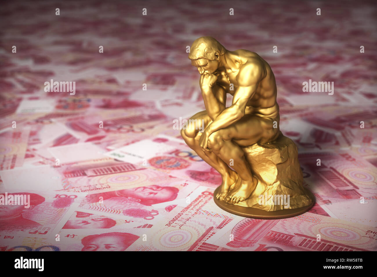 Gold Sculpture Thinker Over Money Chinese Yuans. 3D Illustration Stock ...