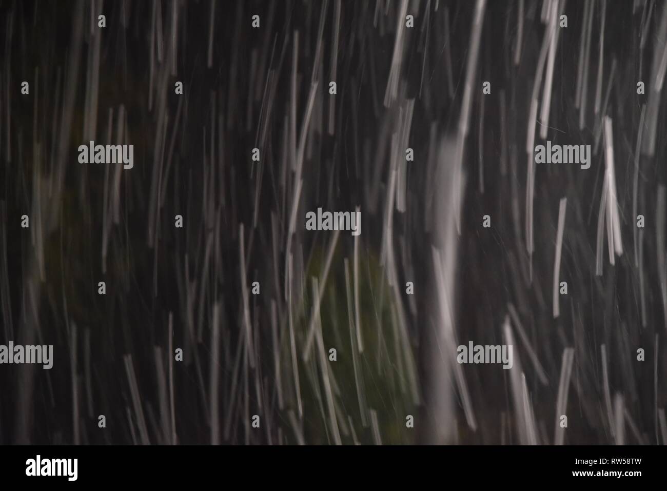 Rain: long exposure turns rain fall into backlit streaks Stock Photo ...