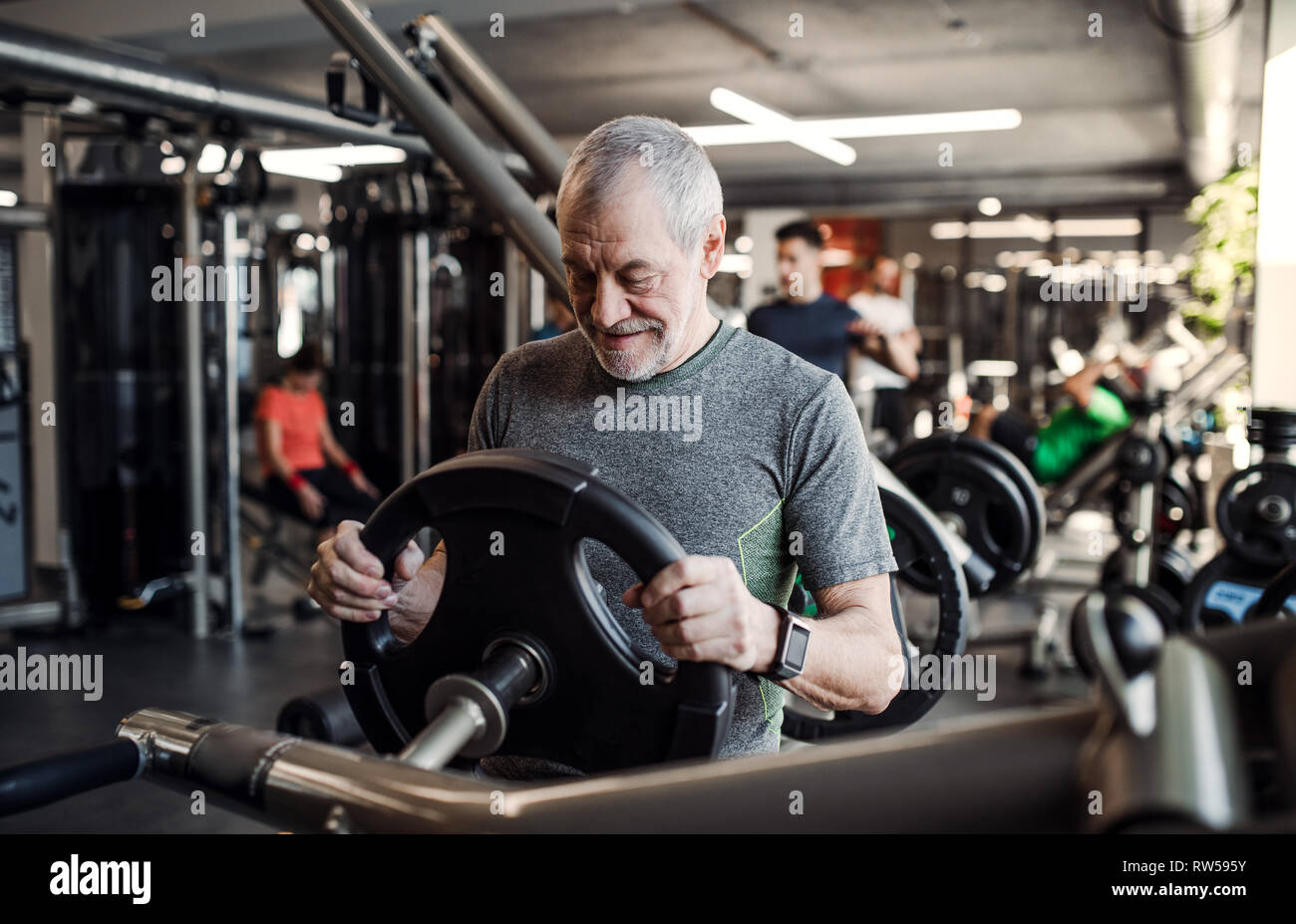 A senior man doing strength workout exercise in gym. Copy space Stock ...