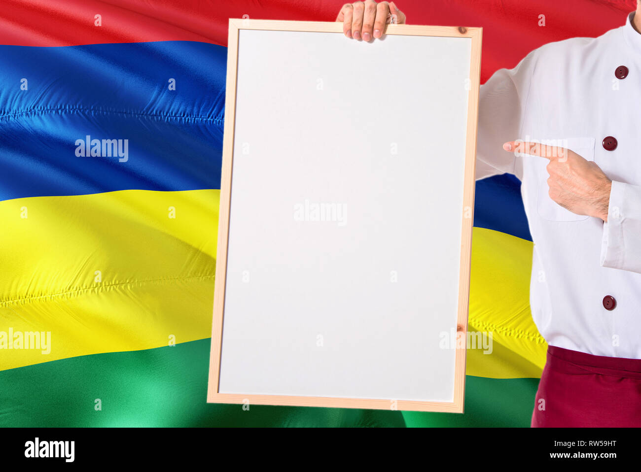 Mauritian Chef holding blank whiteboard menu on Mauritius flag ...