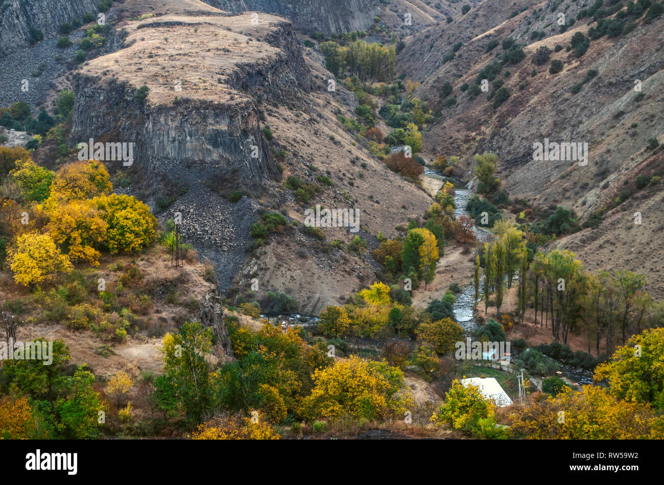 Garni gorge with basalt columns and rocky peninsula framed by the ...