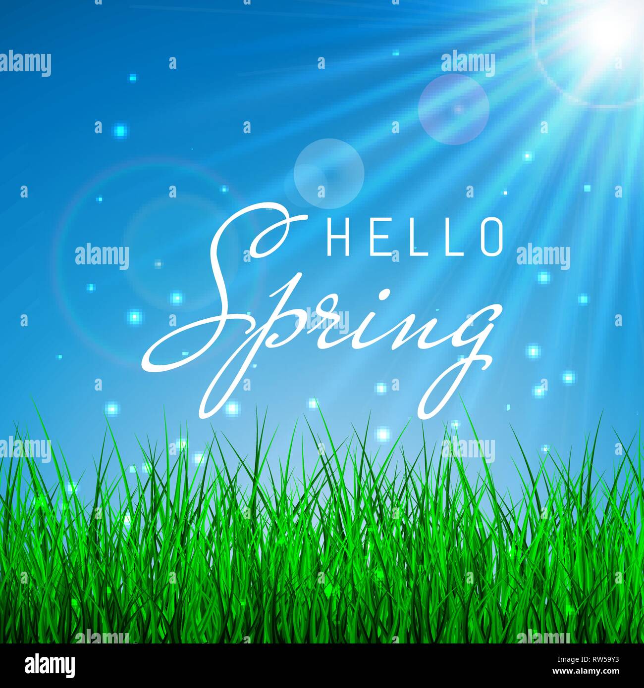Hello Spring Poster With green grass and blue sky, Vector Illustration ...