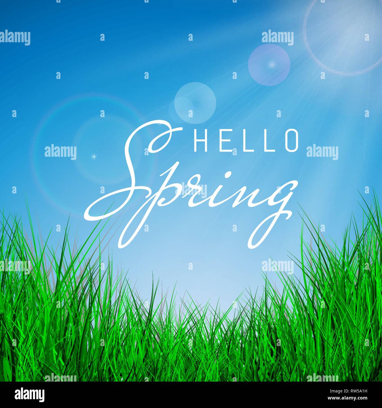 Hello Spring Poster With green grass and blue sky, Vector Illustration ...