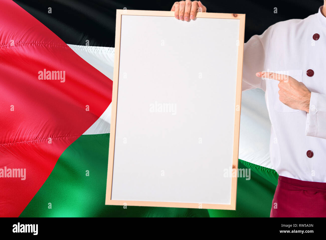Palestinian Chef holding blank whiteboard menu on Palestine flag ...
